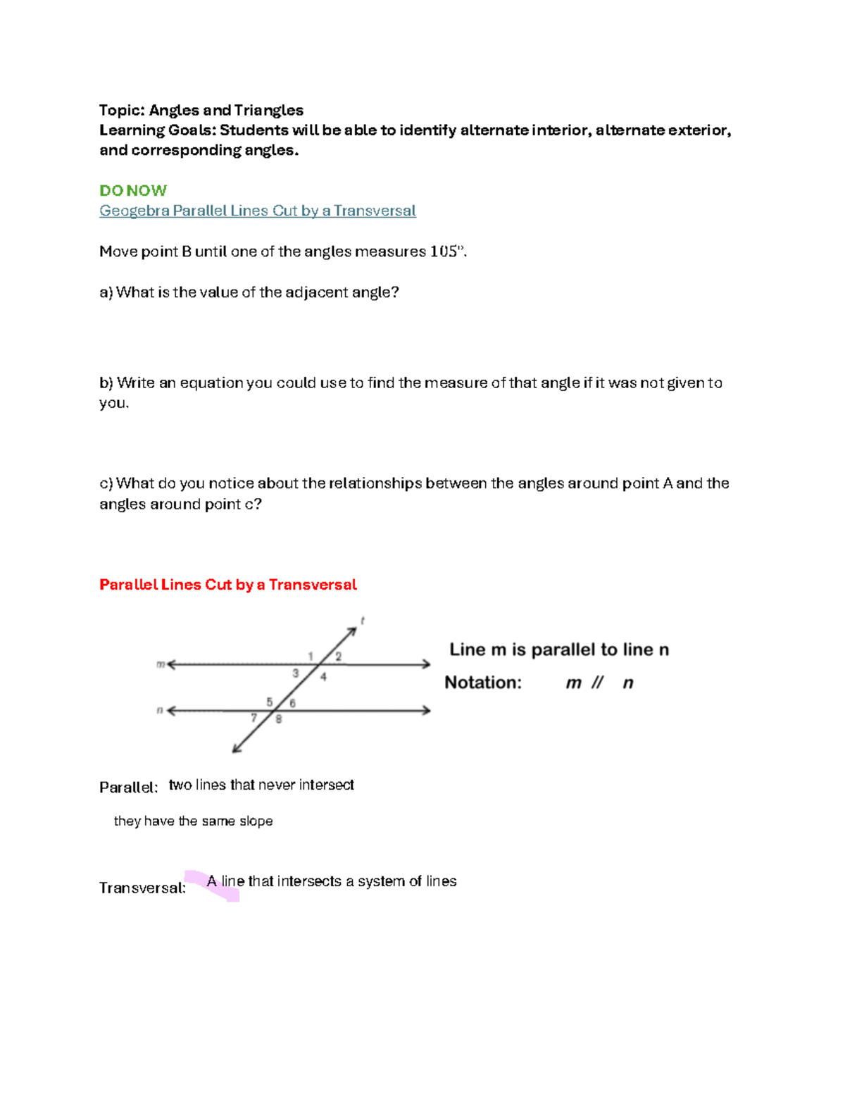 Parallel Lines Cut by a Transversal - Angles & Triangle Insights - Studocu
