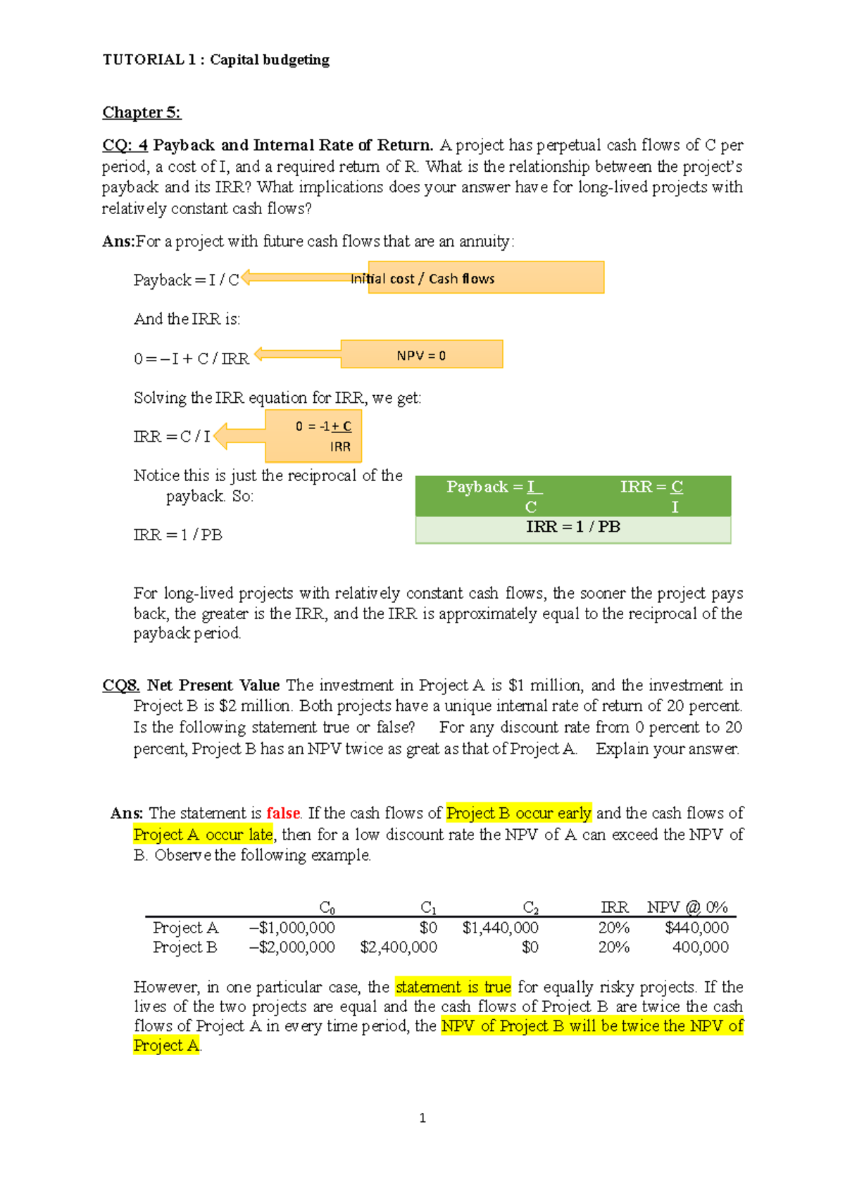 FIN322 Tutorial Solutions 1: Capital Budgeting Concepts - Studocu