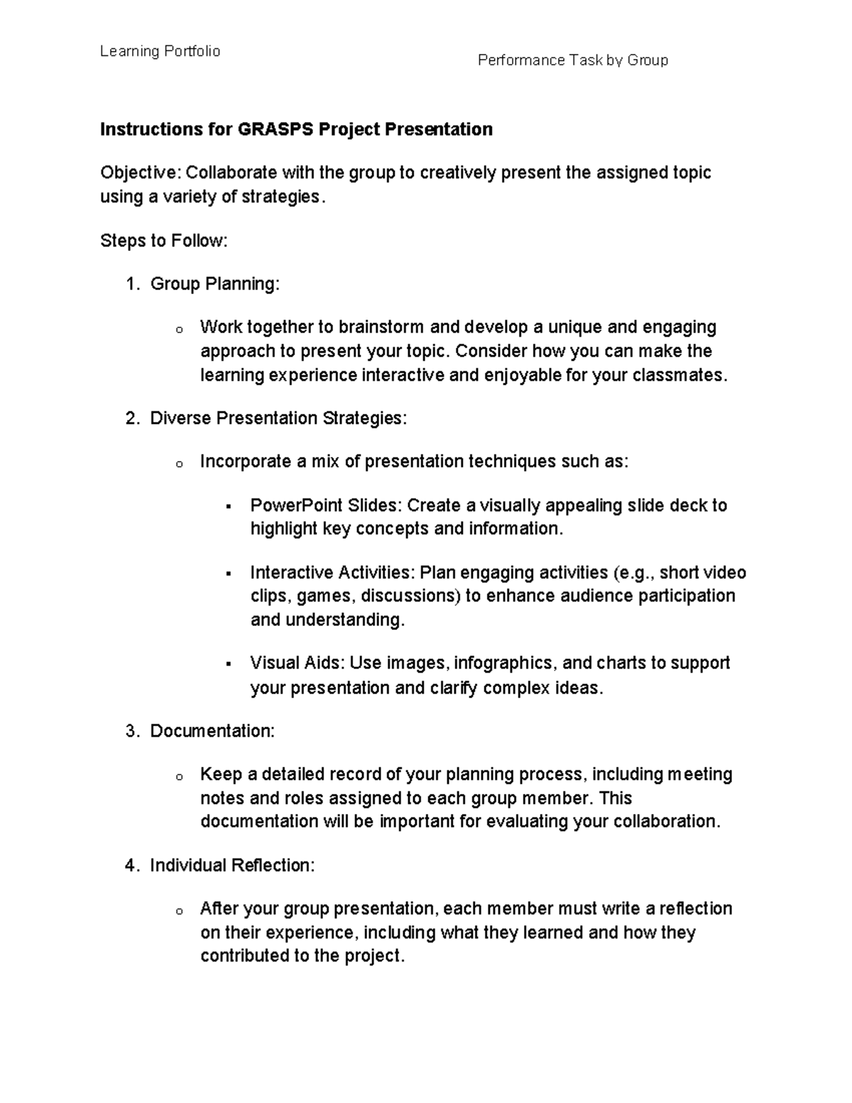 Learning Portfolio Performance Task: GRASPS Project Presentation Guide ...