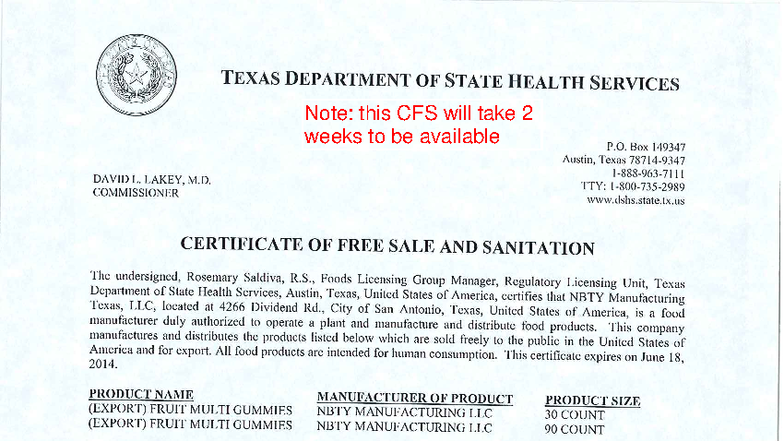 CFS Certificate of Free Sale - NBTY Manufacturing Texas, LLC - Studocu