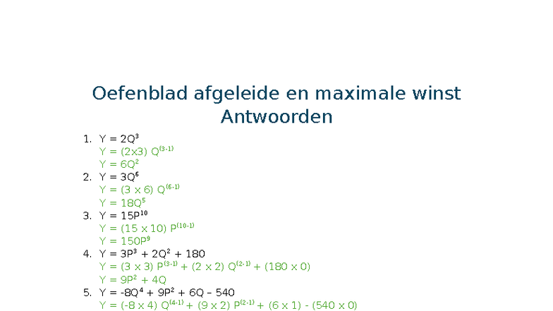 Oefenblad AFGELEIDE en MAXIMALE WINST Antwoorden (Wiskunde) - Studeersnel
