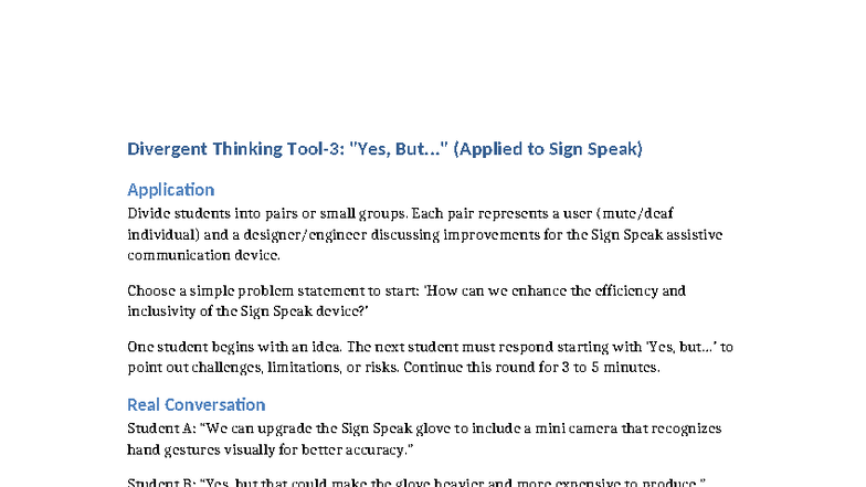 Divergent Thinking Tool for Sign Speak Device Enhancements - Studocu