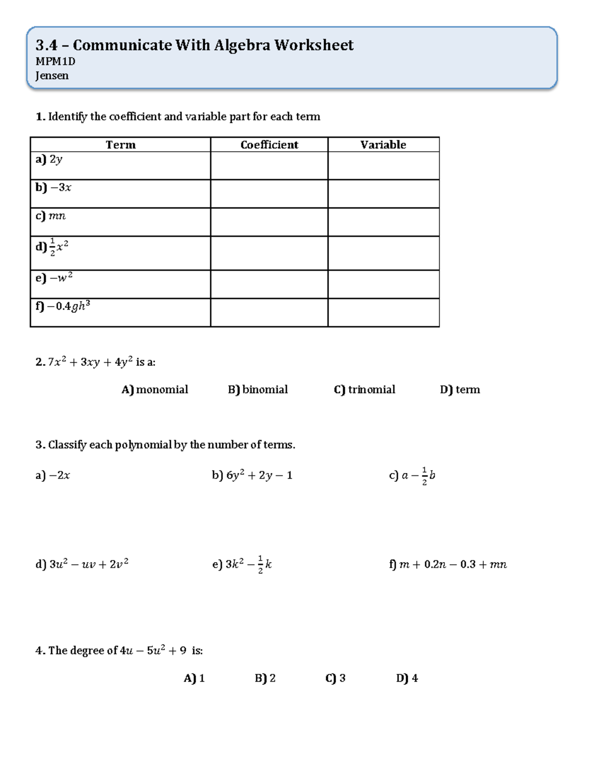 3 - communicate with algebra - 3 – Communicate With Algebra Worksheet ...
