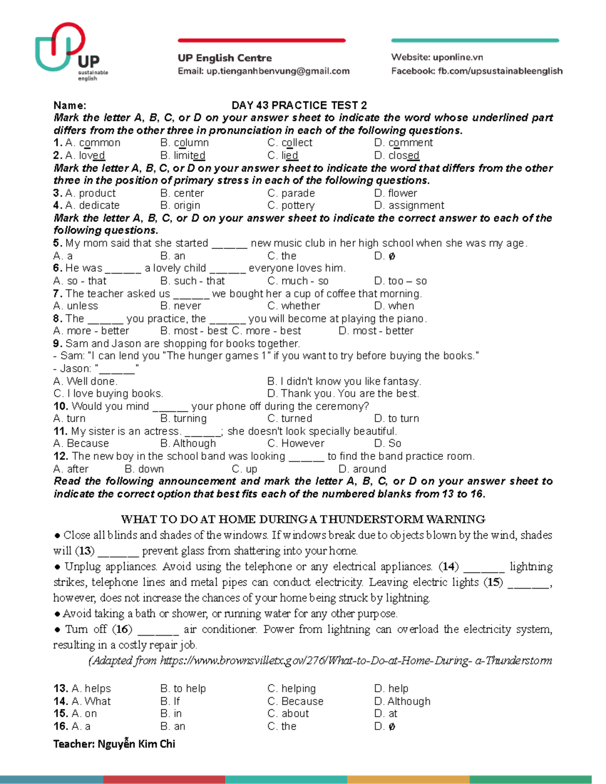 9B Day 43 Practice Test 2 with Answer Key - Studocu