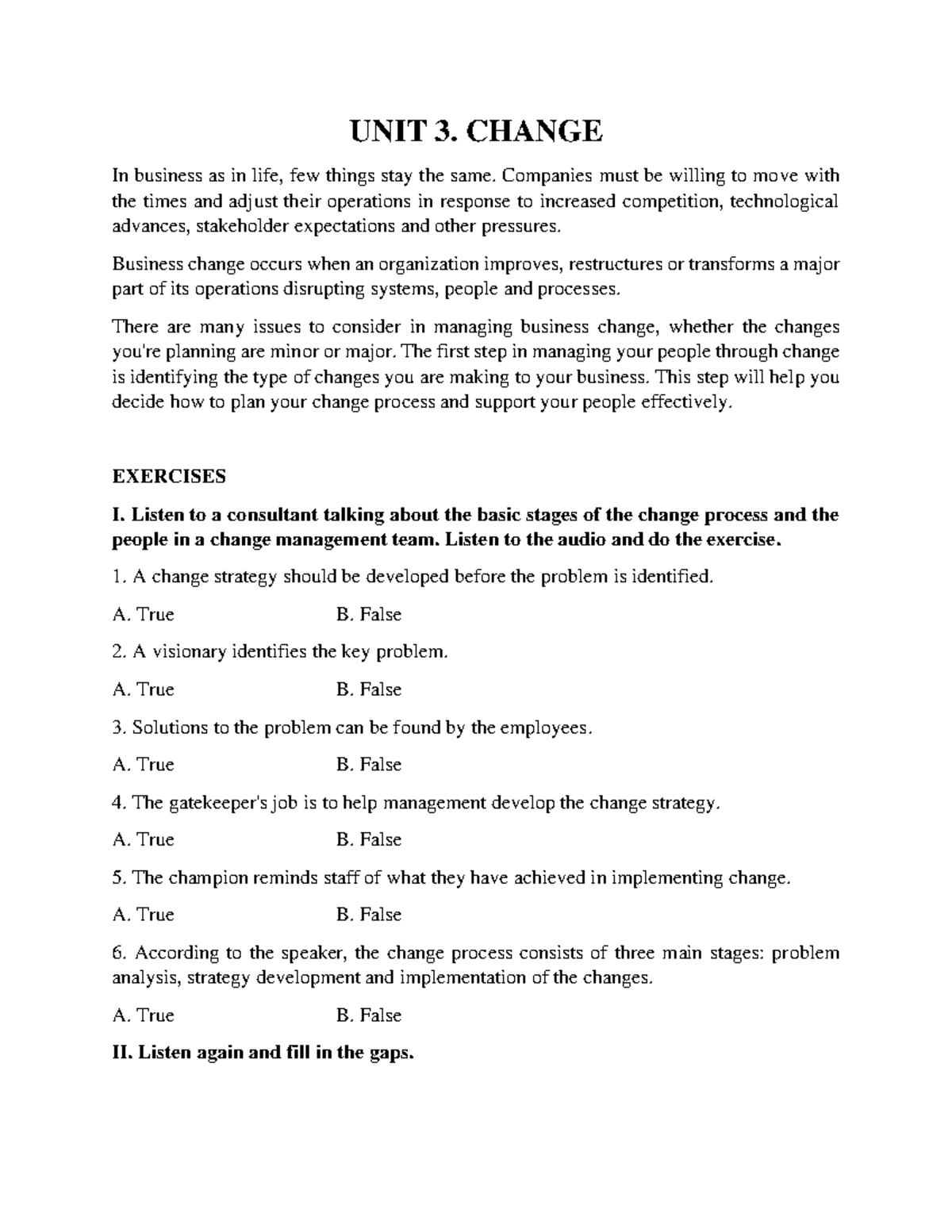 UNIT 3. Lesson 1 Market Leader - UNIT 3. CHANGE In business as in life ...