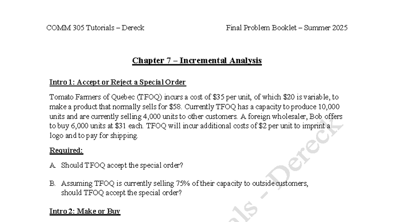 COMM 305 Final Problem Booklet Summer 2025: Incremental Analysis ...