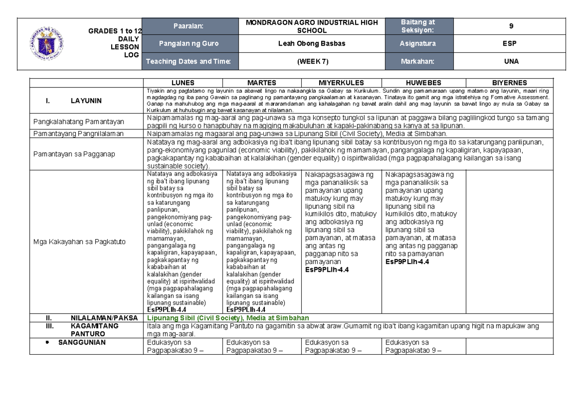 Q1 ESP 9 DLL - Weekly Lesson Plan for Grade 9 (Week 7) - Studocu