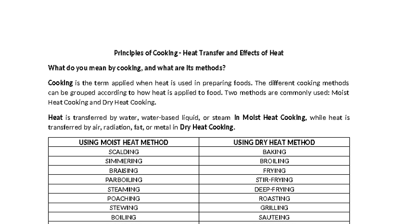 Principles of Cooking: Heat Transfer Methods for Grade 7 - Studocu