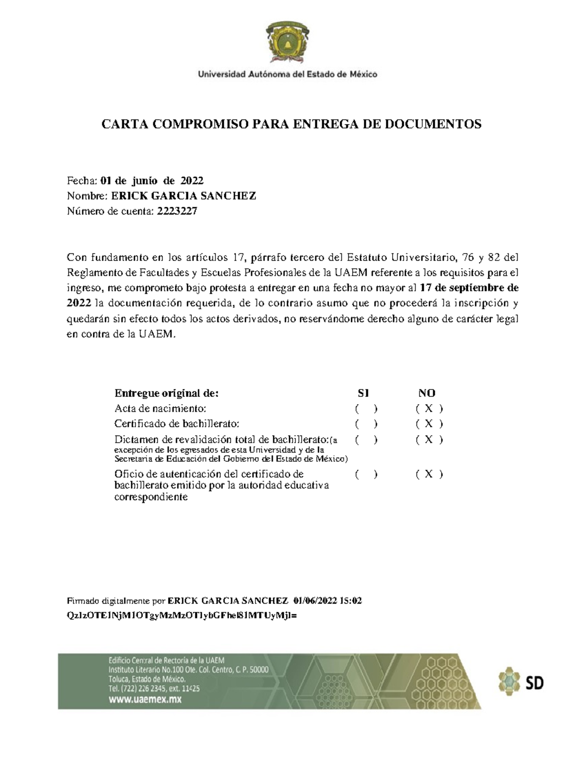 CARTA COMPROMISO DE ENTREGA DE DOCUMENTOS - ERICK GARCIA S. - Studocu