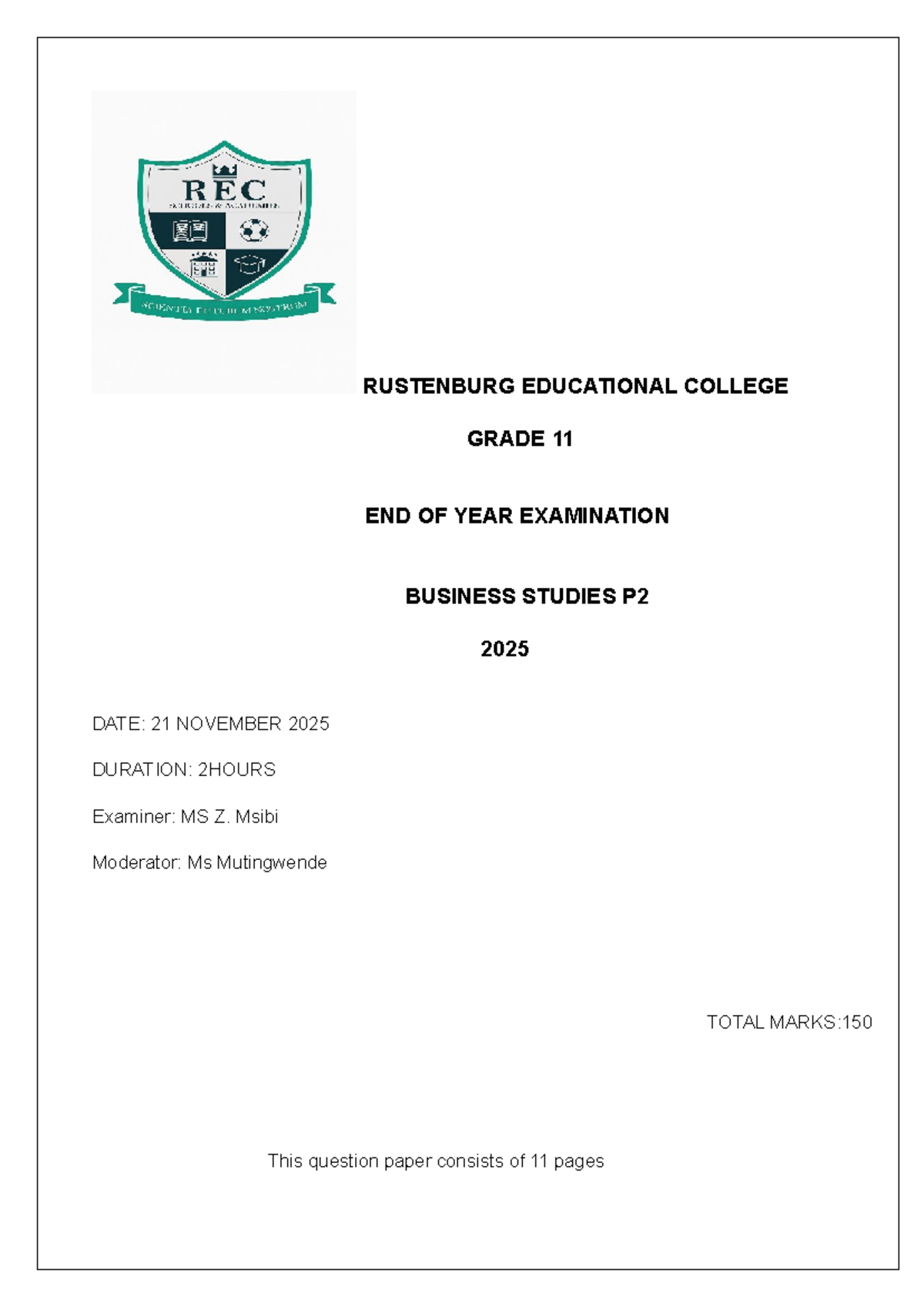 RUSTENBURG COLLEGE GRADE 11 BUSINESS STUDIES P2 END OF YEAR EXAM 2025 ...