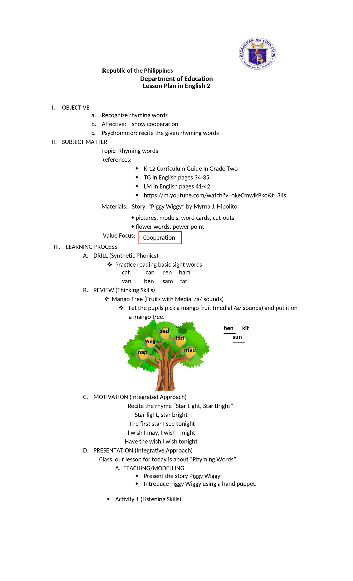 English Detailed Lesson Plan - Cooperation sad wag nap lad mad hen kit ...