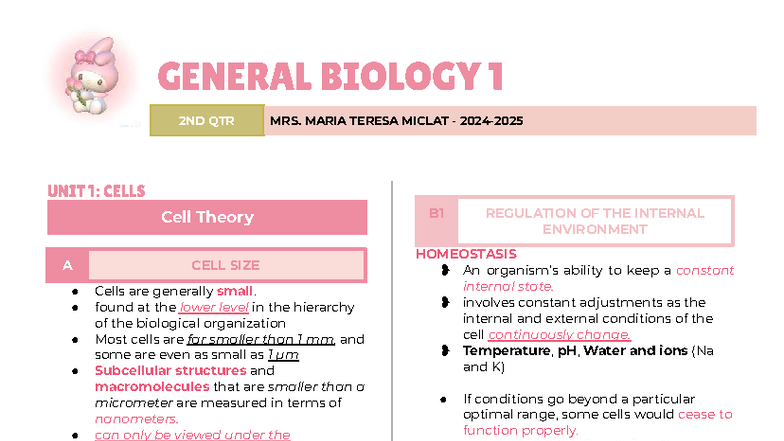 GENERAL BIOLOGY 1 2ND QTR: UNIT 1 - CELLS & CELL THEORY NOTES - Studocu