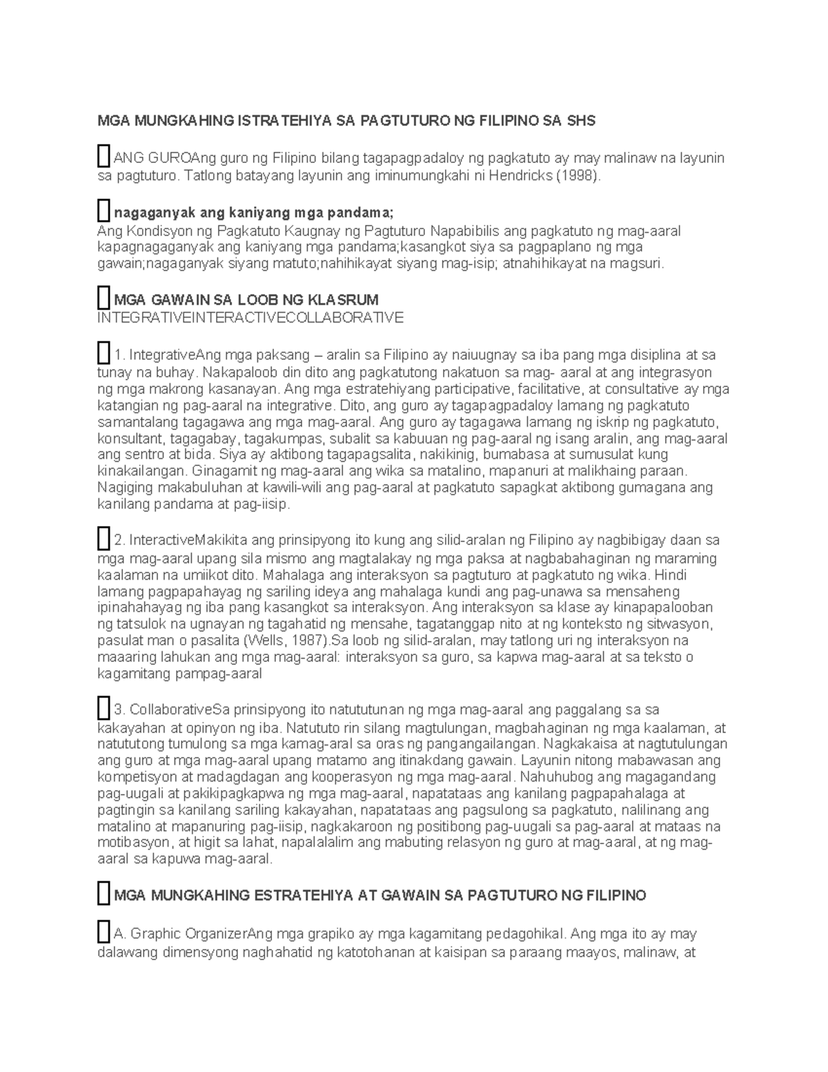 MGA ISTRATEHIYA SA PAGTUTURO NG FILIPINO SA SHS: MGA KONSEPTO AT GAWAIN ...