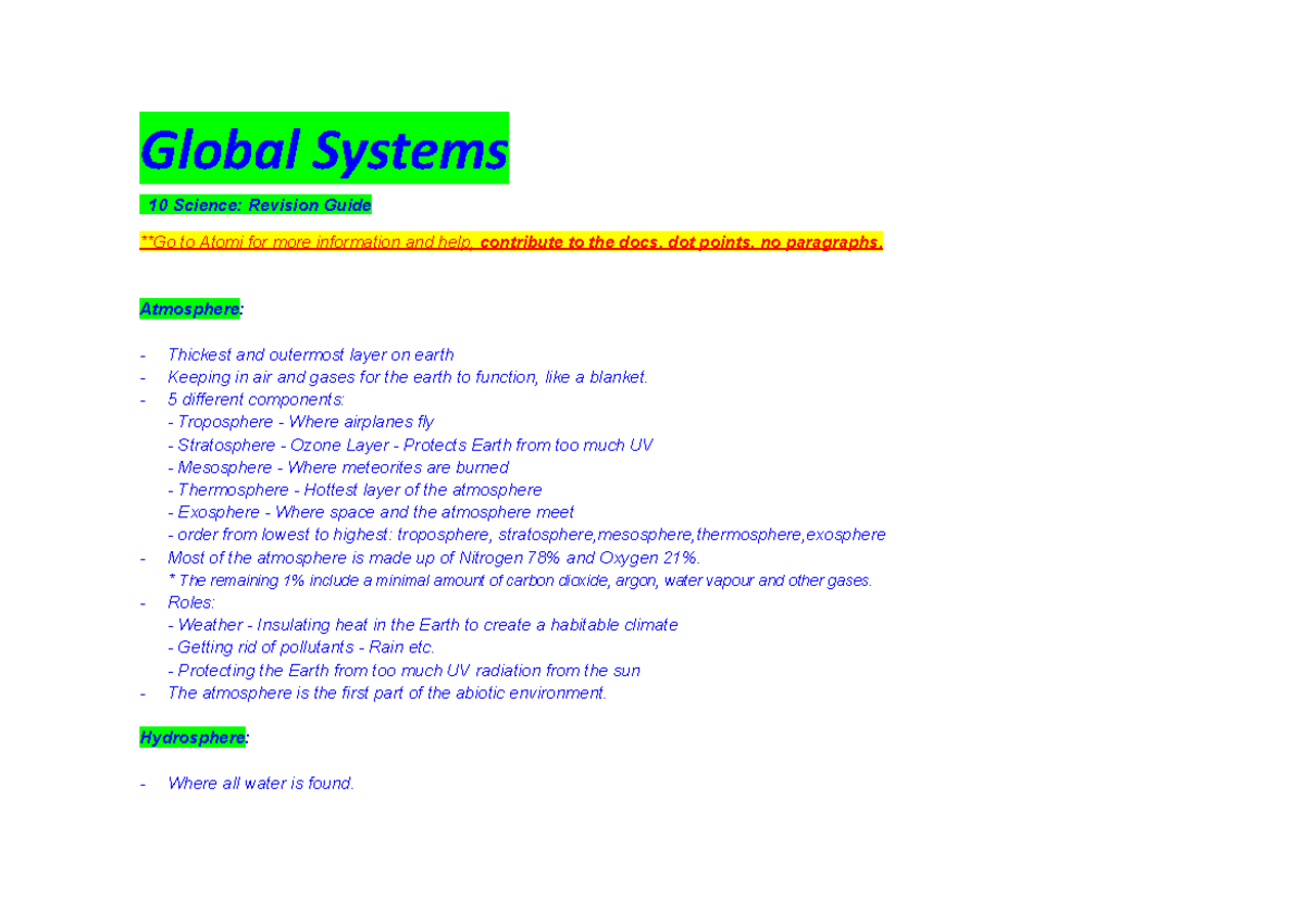 Year 10 Science Revision - Global Systems and Cycles Guide - Studocu