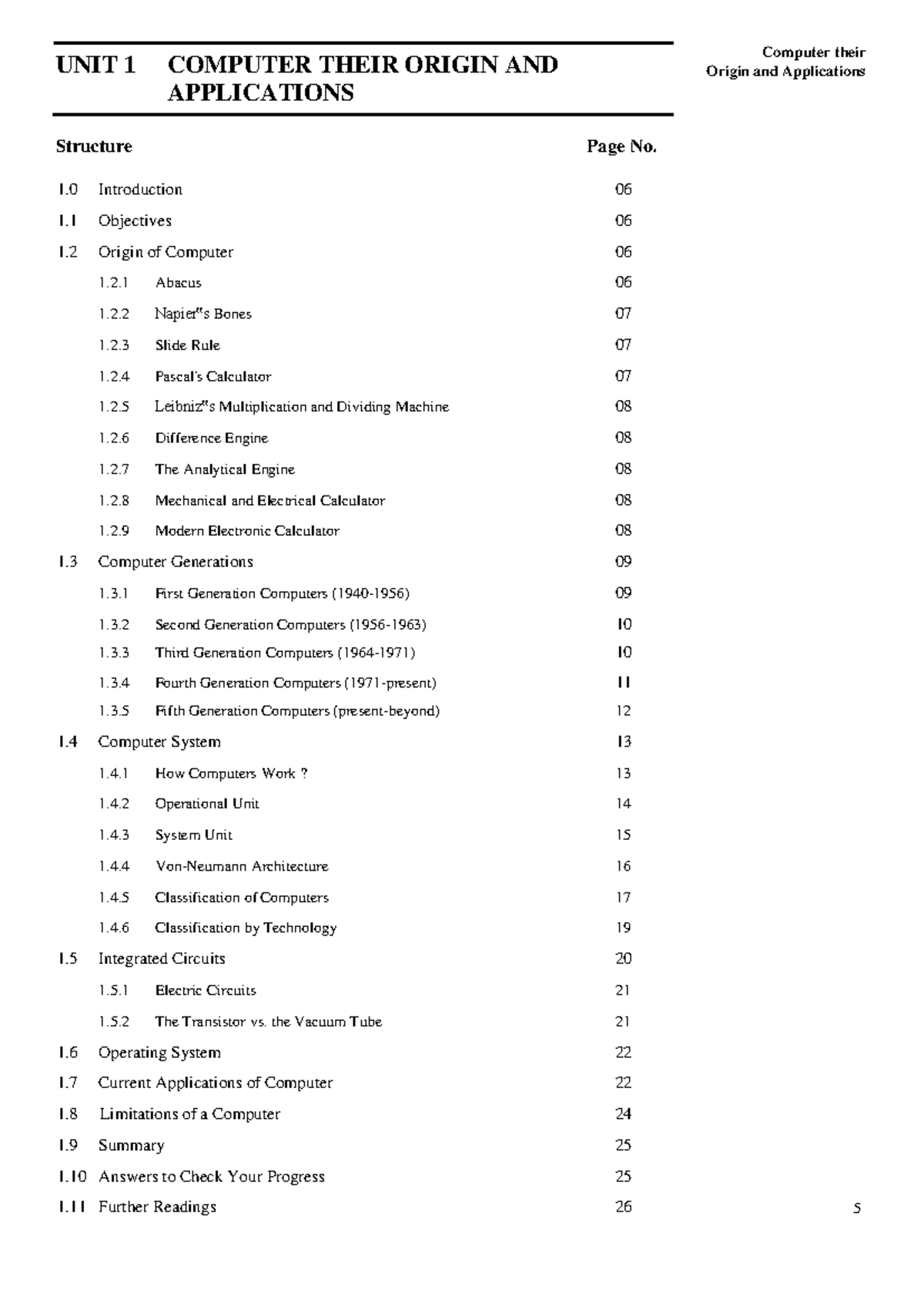 Introduction to Computers (Unit 1): Origins and Applications outline ...