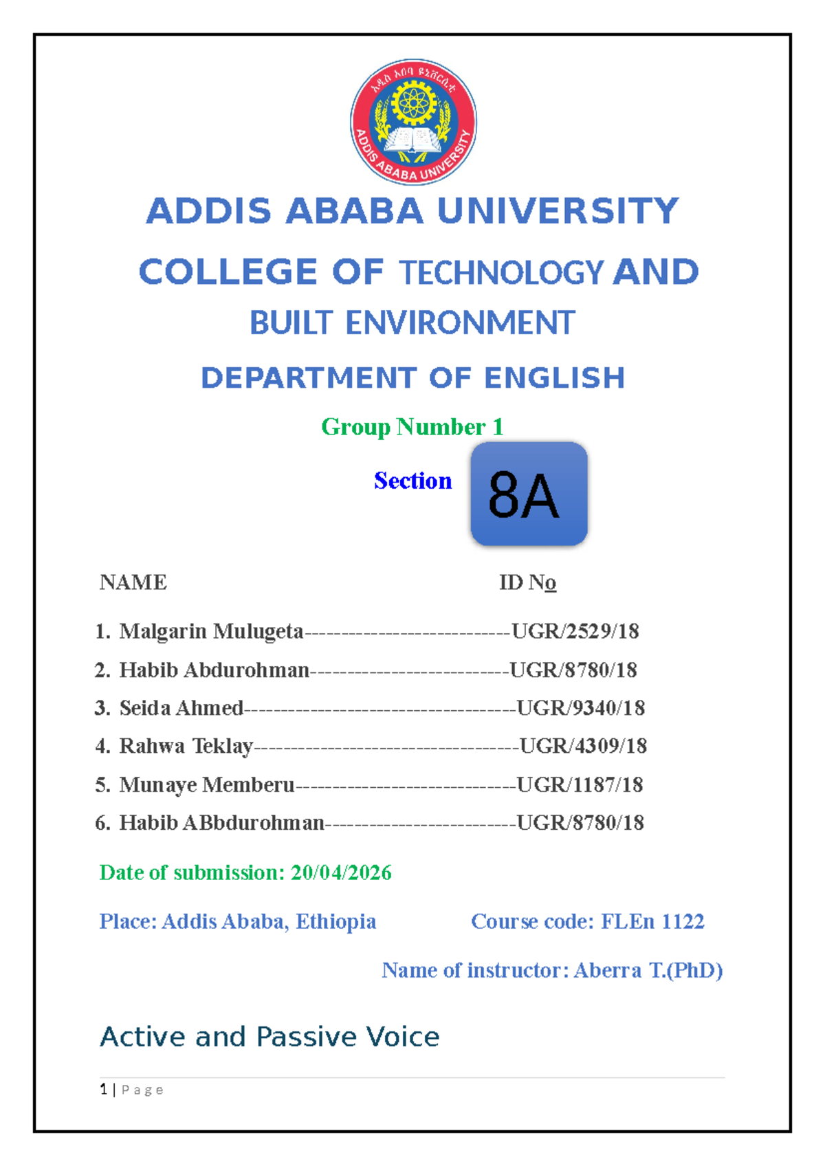 FLEn 1122 Active and Passive Voice Study Guide - Studocu