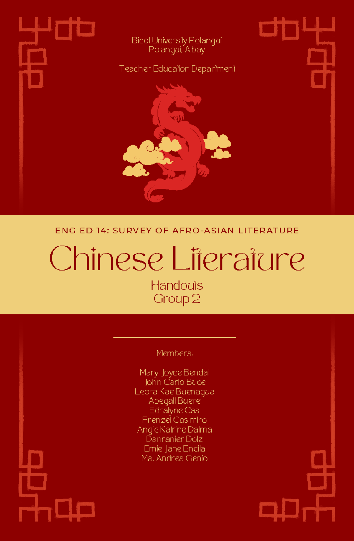 Chinese Literature Handouts: Group 2 in ENG ED 14 Literature Survey ...