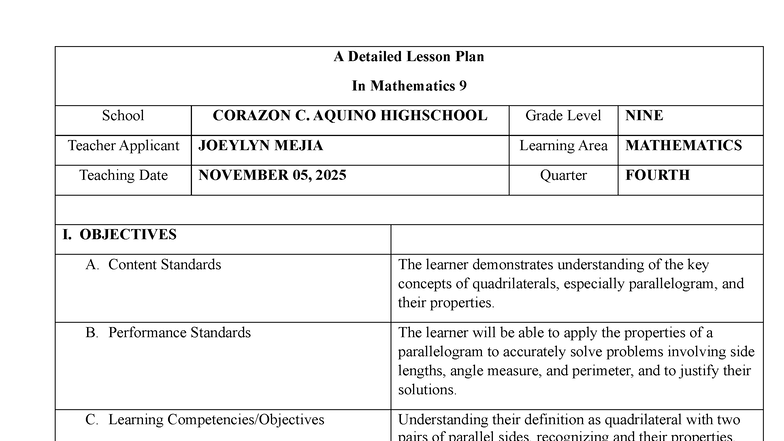 Mathematics 9 Lesson Plan: Understanding Parallelograms - Studocu