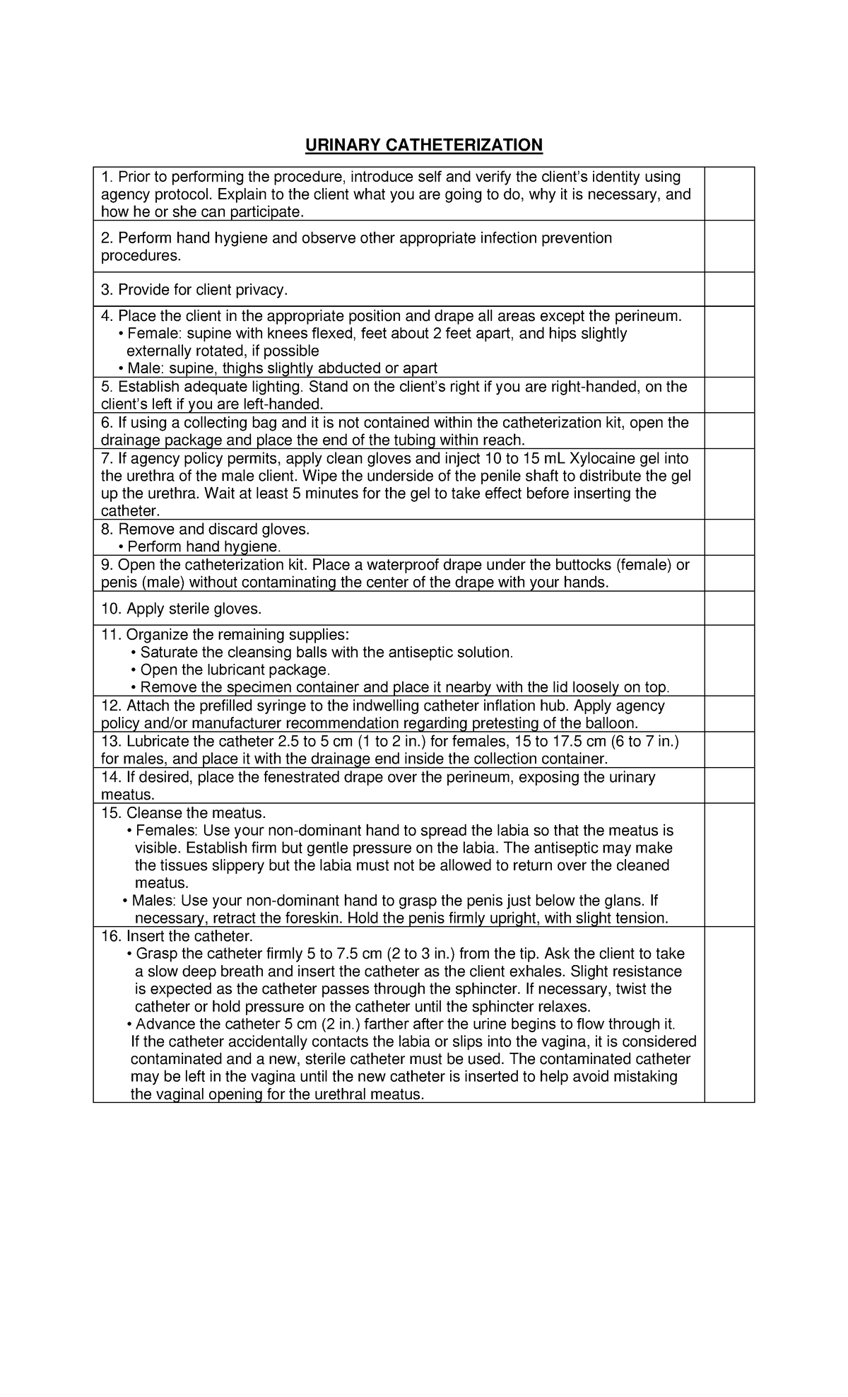 Urinary Catheterization & Injection Techniques Checklist - Nursing 101 ...