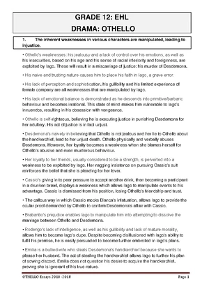 Othello Character Analysis & Study Guide for Grade 12 Literature - Studocu
