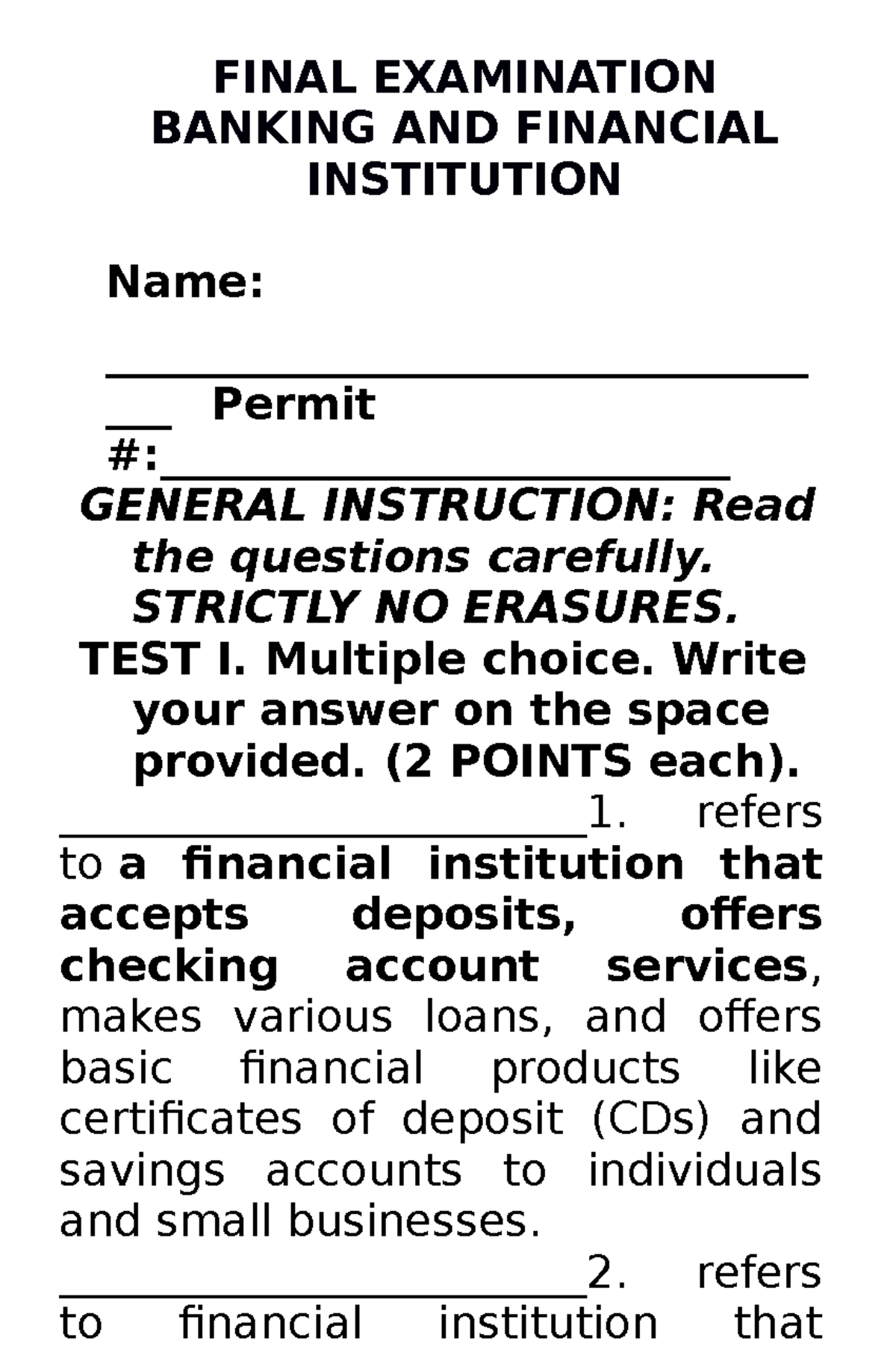 Final Exam (Banking and Financial Institutions) - Study Guide - Studocu