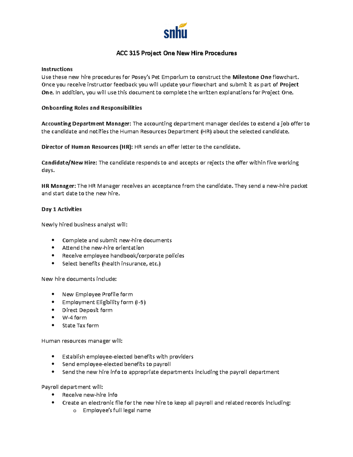 ACC 315 Project One New Hire Procedures - ACC 315 Project One New Hire ...