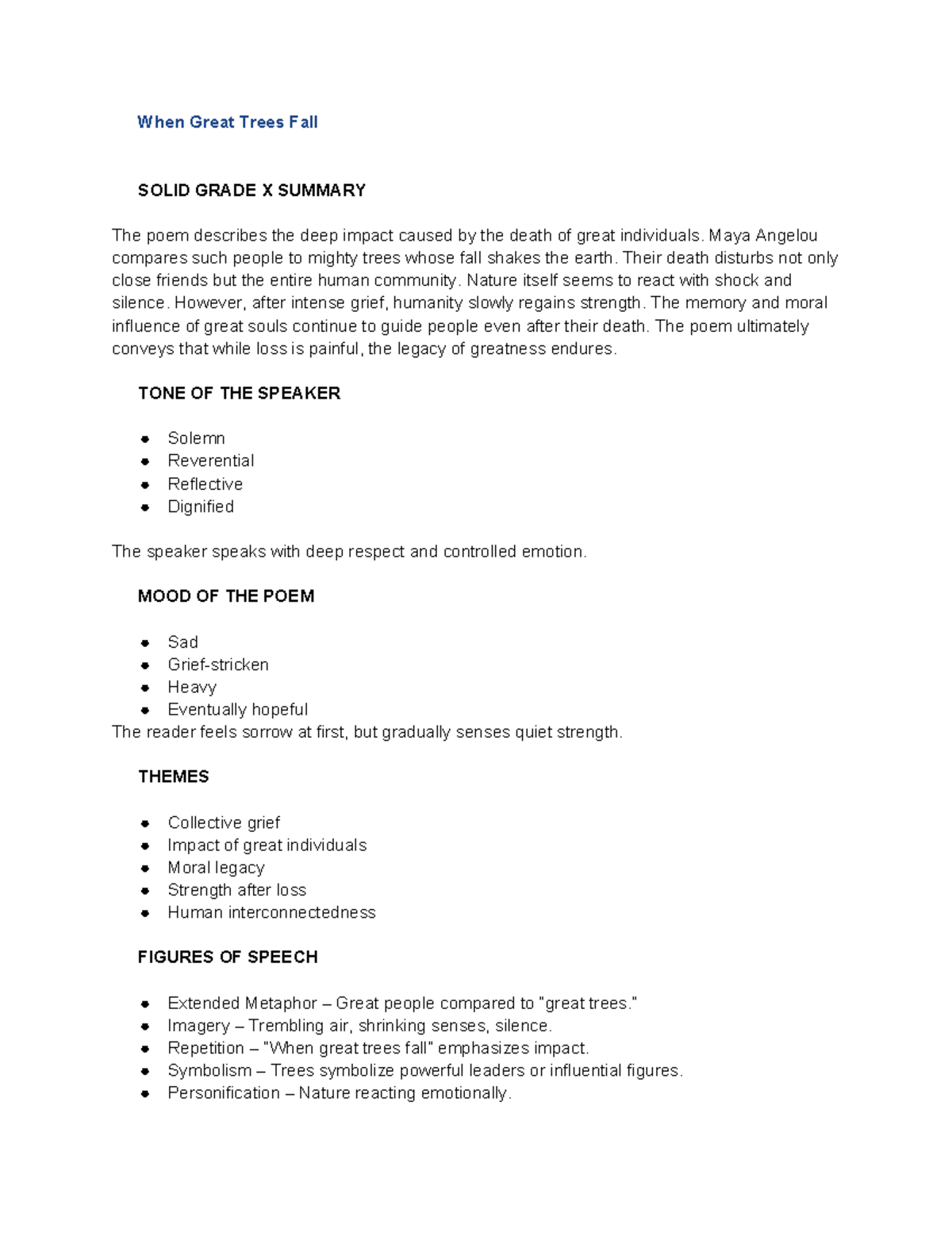 When Great Trees Fall - Grade X Poem Summary & Analysis - Studocu