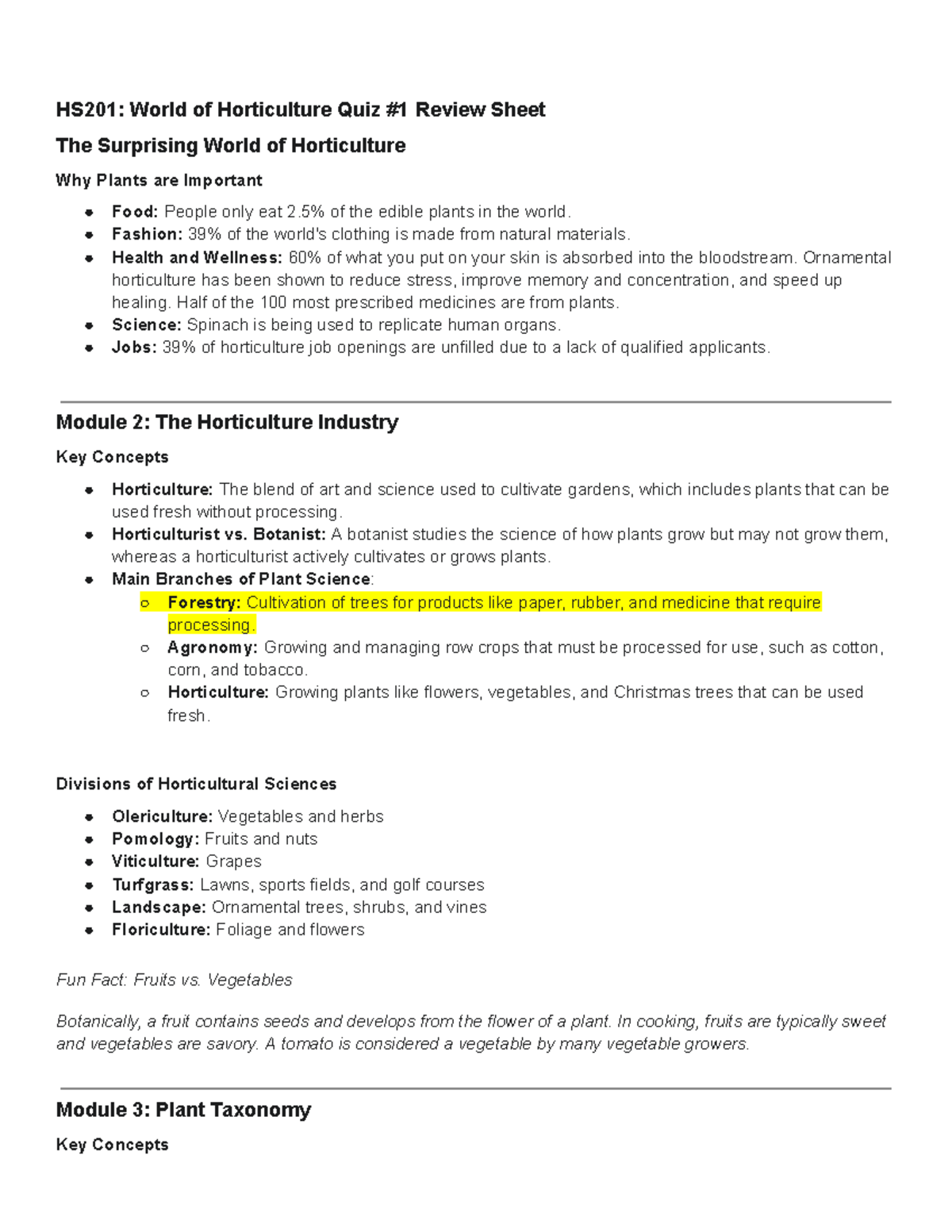 HS201: World of Horticulture Quiz #1 Review Sheet - Studocu