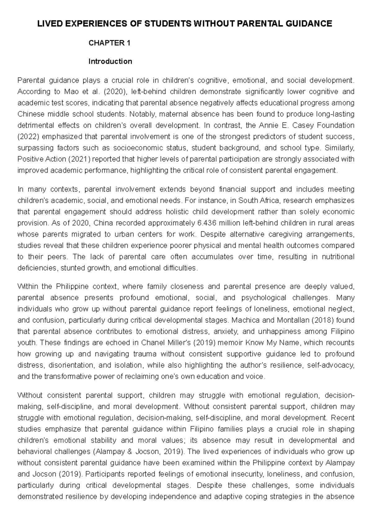 LIVED EXPERIENCES OF STUDENTS WITHOUT PARENTAL GUIDANCE: CHAPTER 1 ...