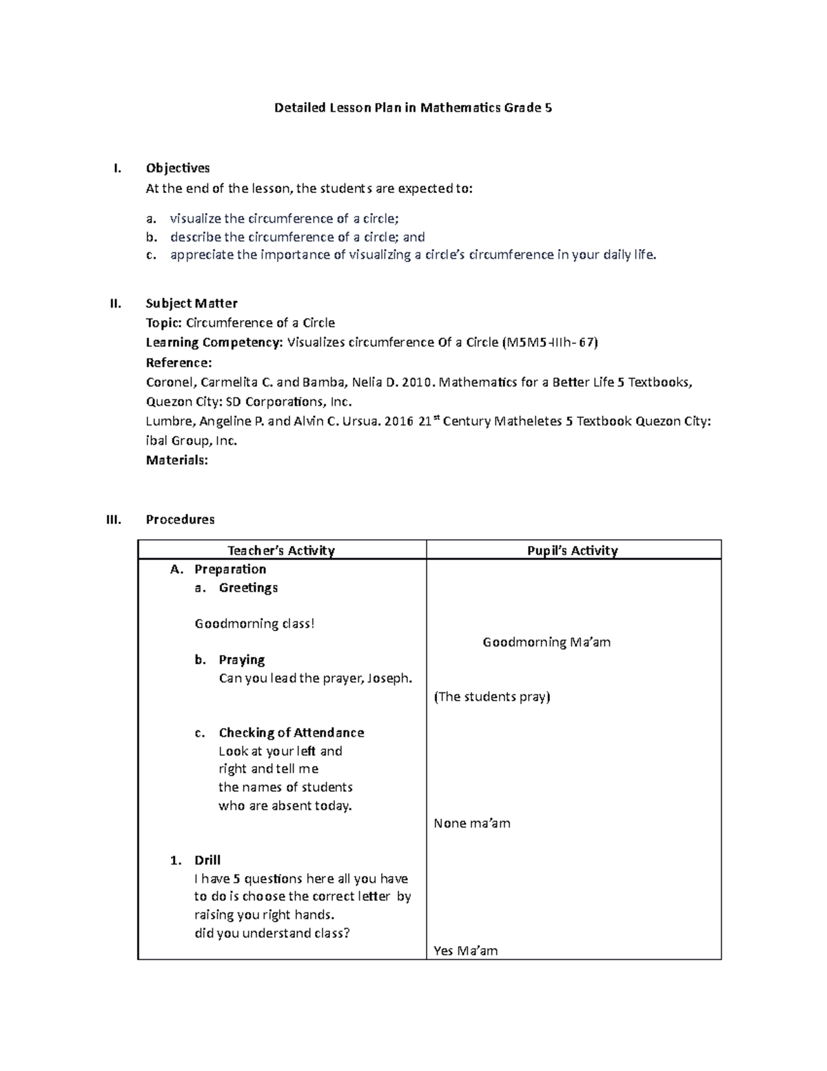 Comprehensive Grade 5 Math Lesson Plan: Circumference of a Circle - Studocu