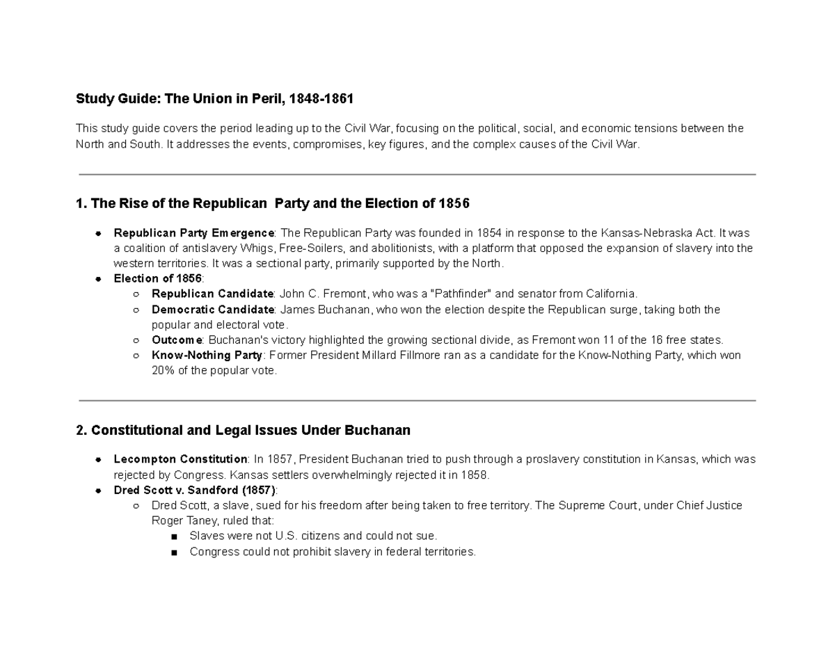 Study Guide The Union in Peril, 1848-1861 - Study Guide: The Union in ...