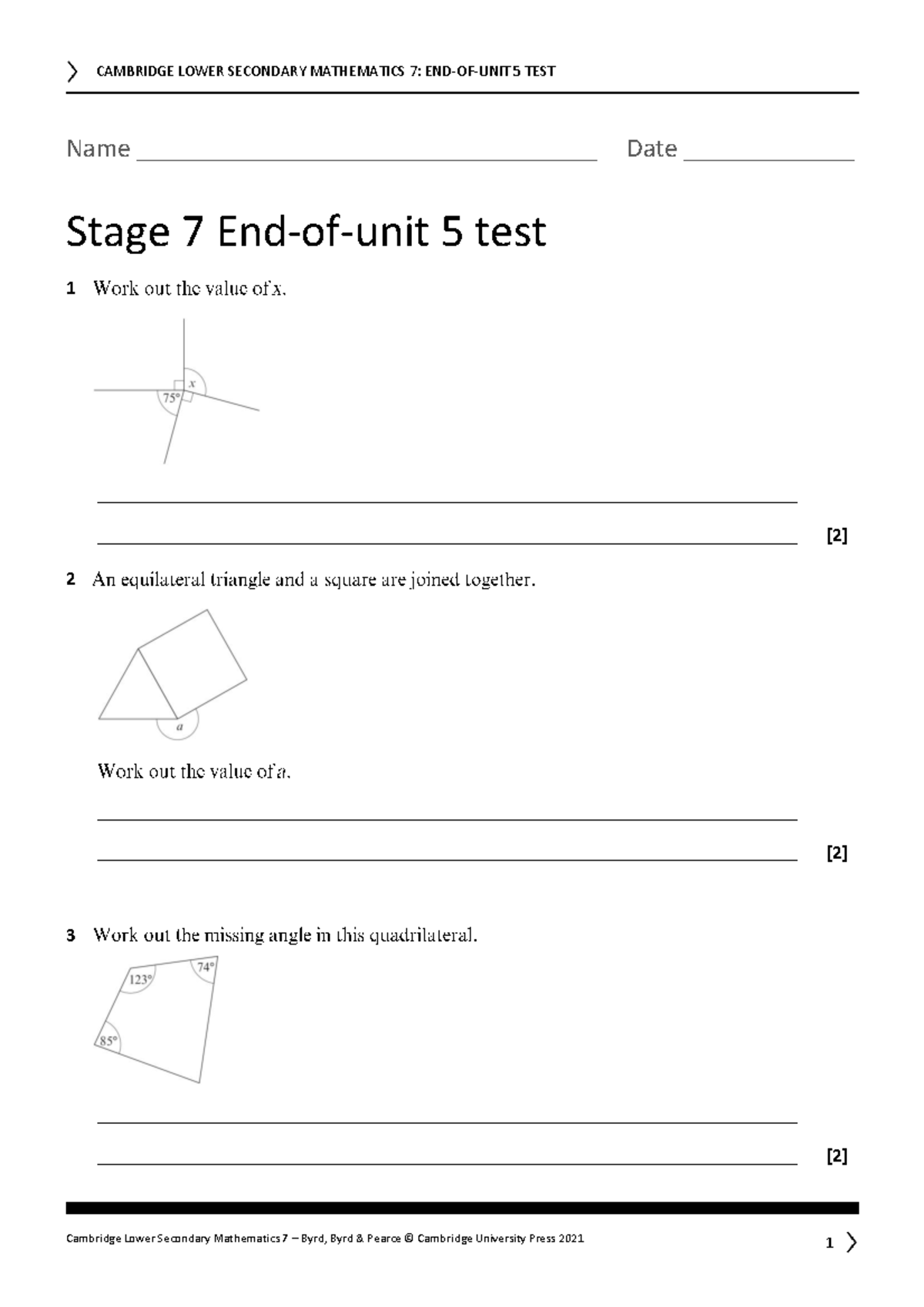 End of Unit 5 Test - Unit test - CAMBRIDGE LOWER SECONDARY MATHEMATICS ...