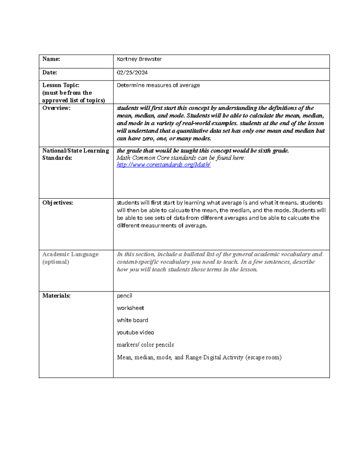 MAT-151 Lesson Plan: Understanding Mean, Median, and Mode - Studocu