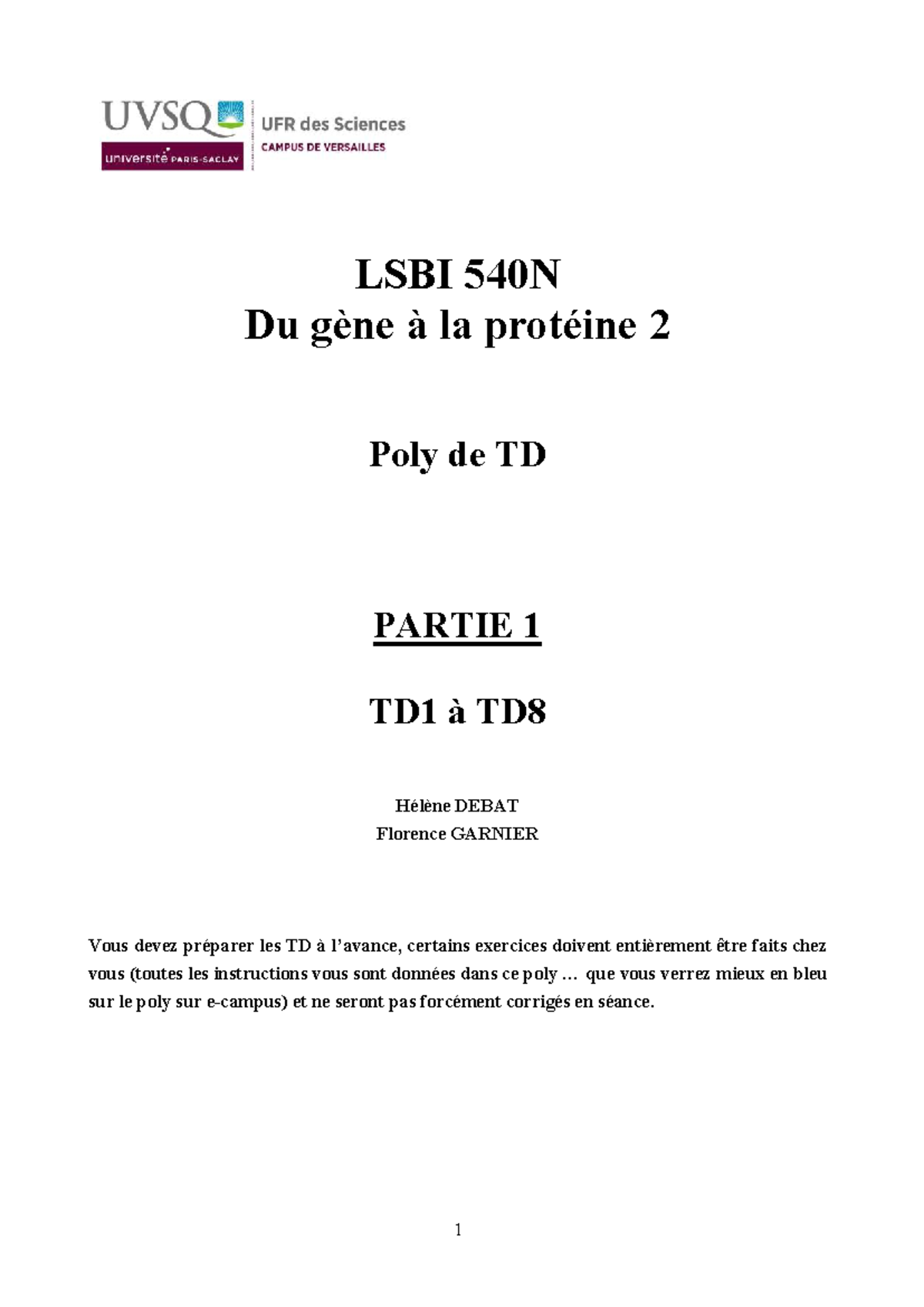 LSBI 540N TDs 1 à 8 : Du gène à la protéine - Analyse et Régulation ...
