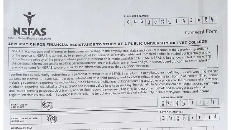 NSFAS Consent Form for Financial Assistance Application 2024 - Studocu