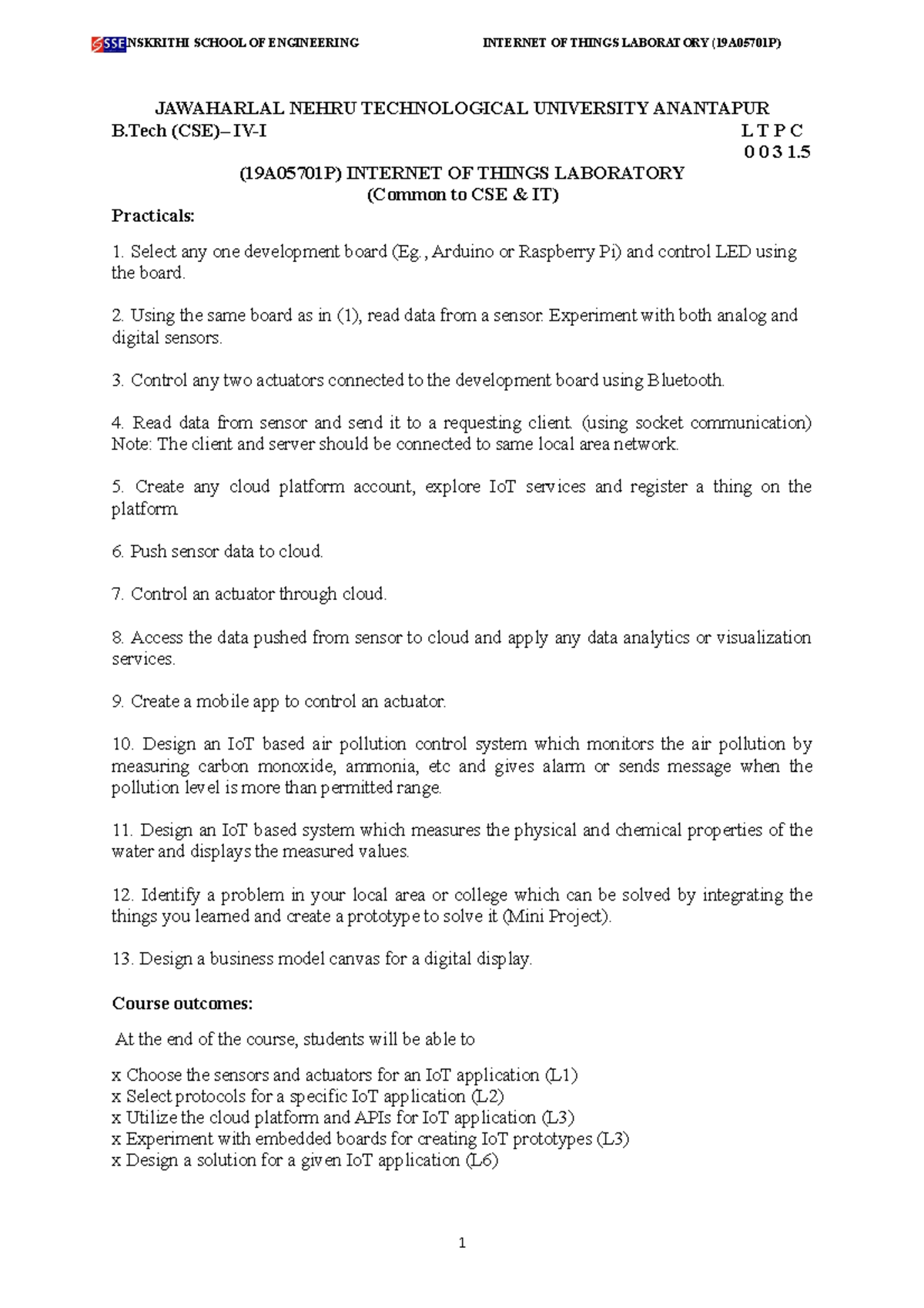 IOT Lab Manual (19A05701P) - Experiments and Procedures Guide - Studocu