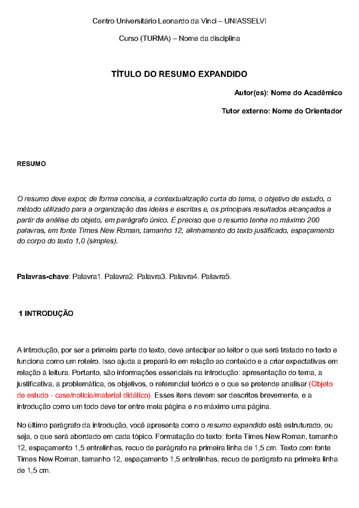 Template do Resumo Expandido - UNIASSELVI Curso (TURMA) - Studocu