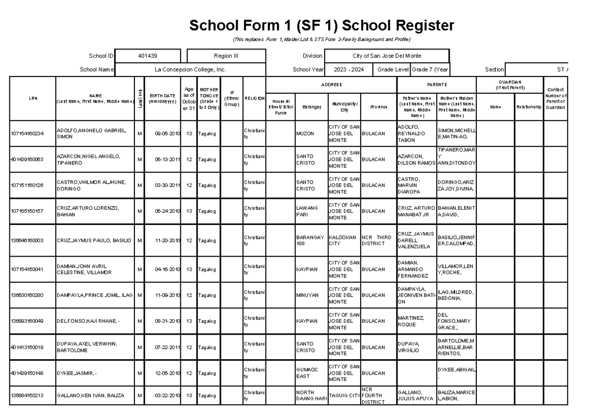 D0 - Names - School Form 1 (SF 1) School Register (This replaces Form 1 ...