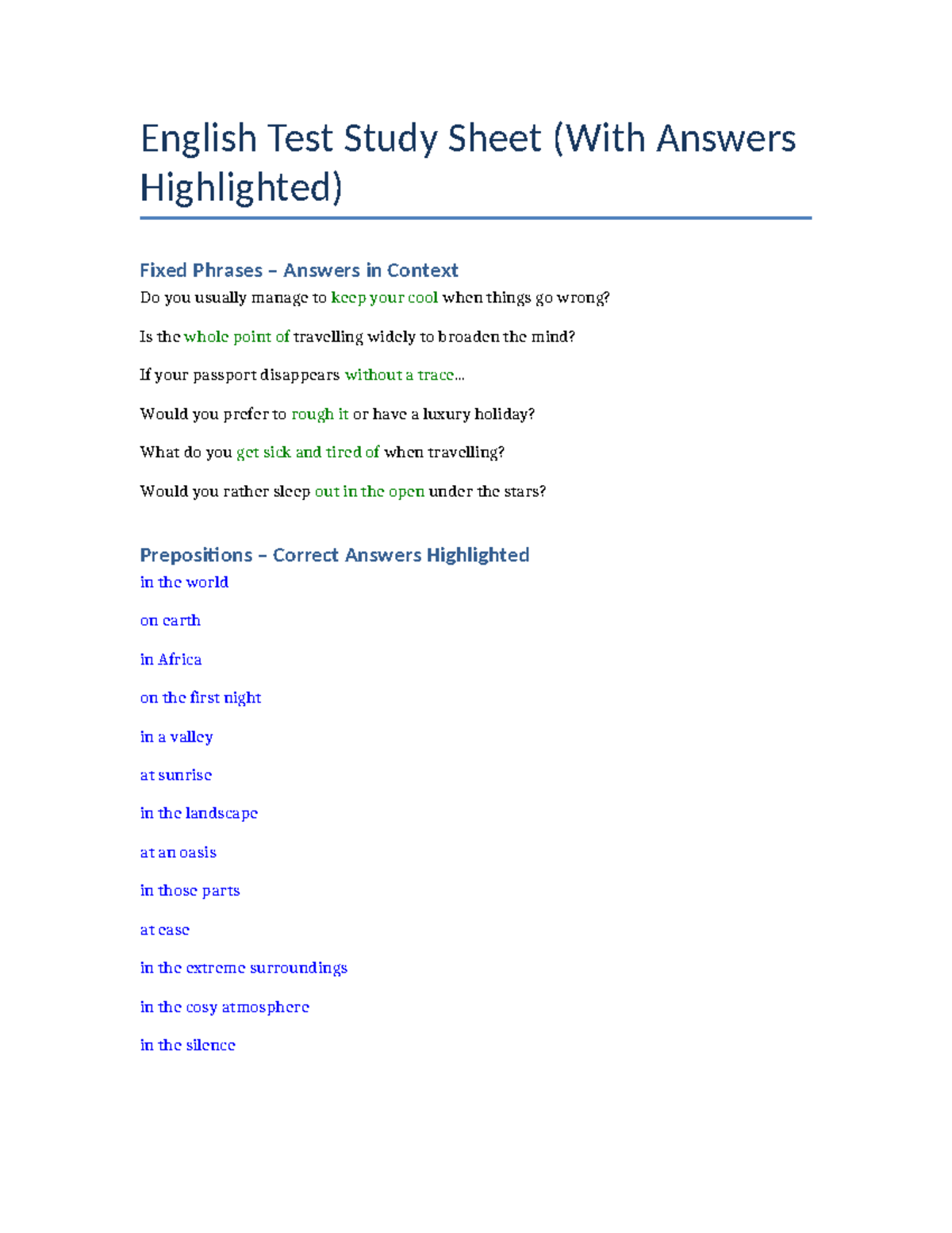 ENG 101: English Test Study Sheet with Highlighted Answers - Studeersnel
