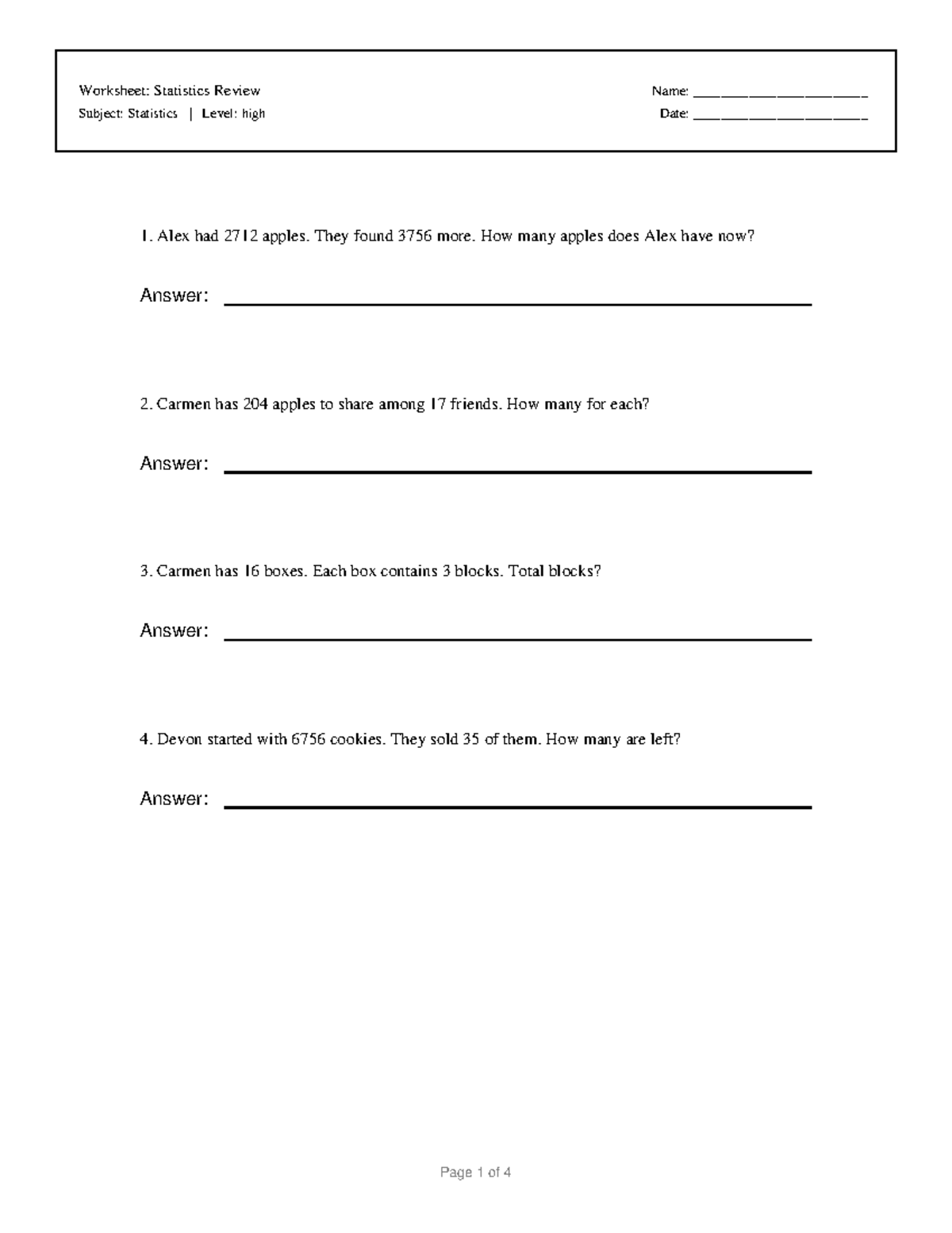 Statistics Review Worksheet: High-Level Practice Problems - Studocu