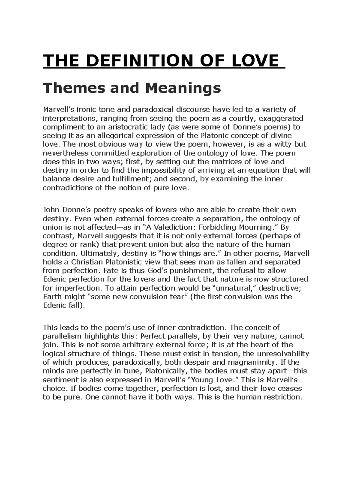 THE DEFINITION OF LOVE - Analyzing Marvell's Poem - Studocu