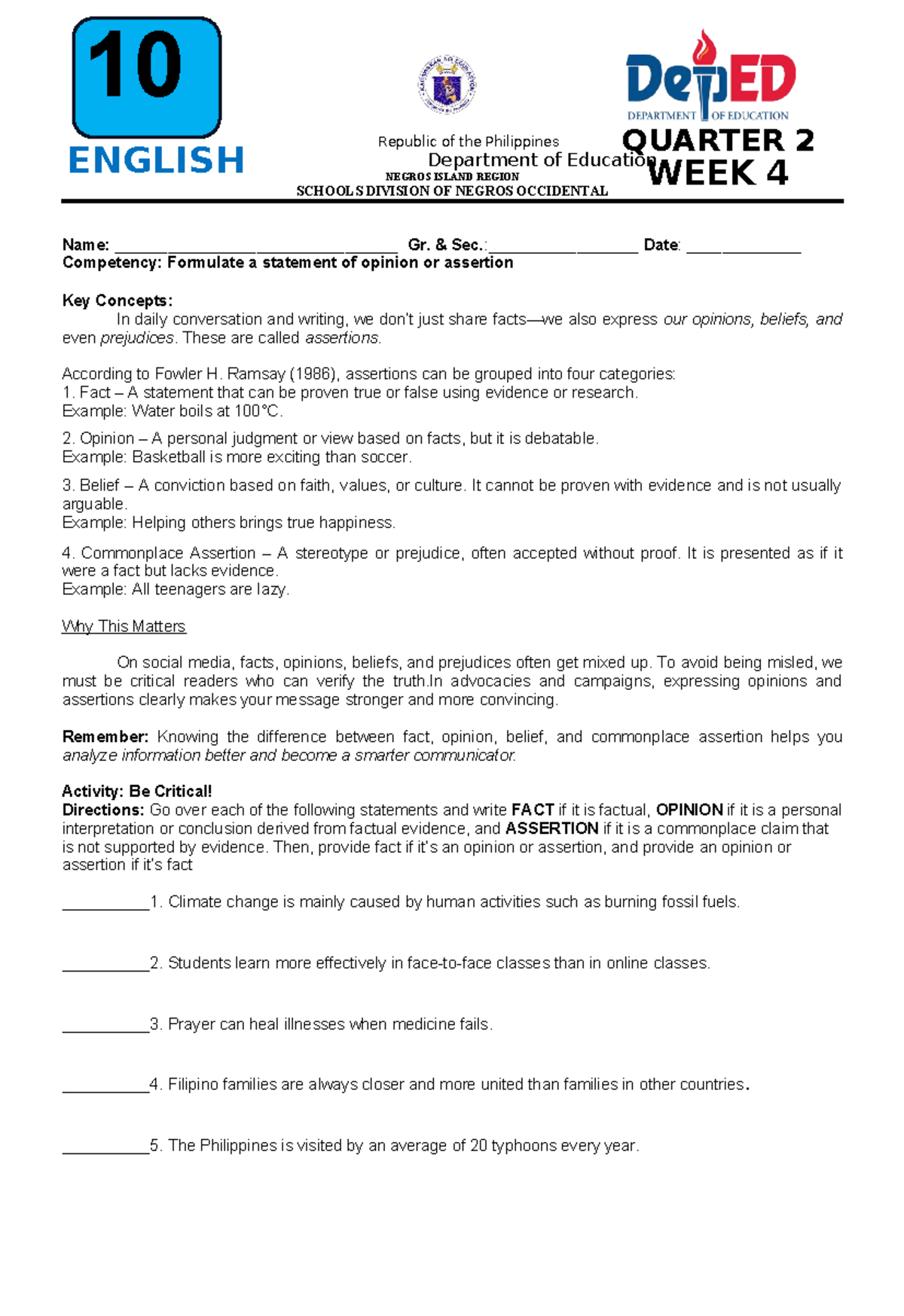 ELK English 10 Q2 Week 4 - Module on Assertions and Opinions - Studocu