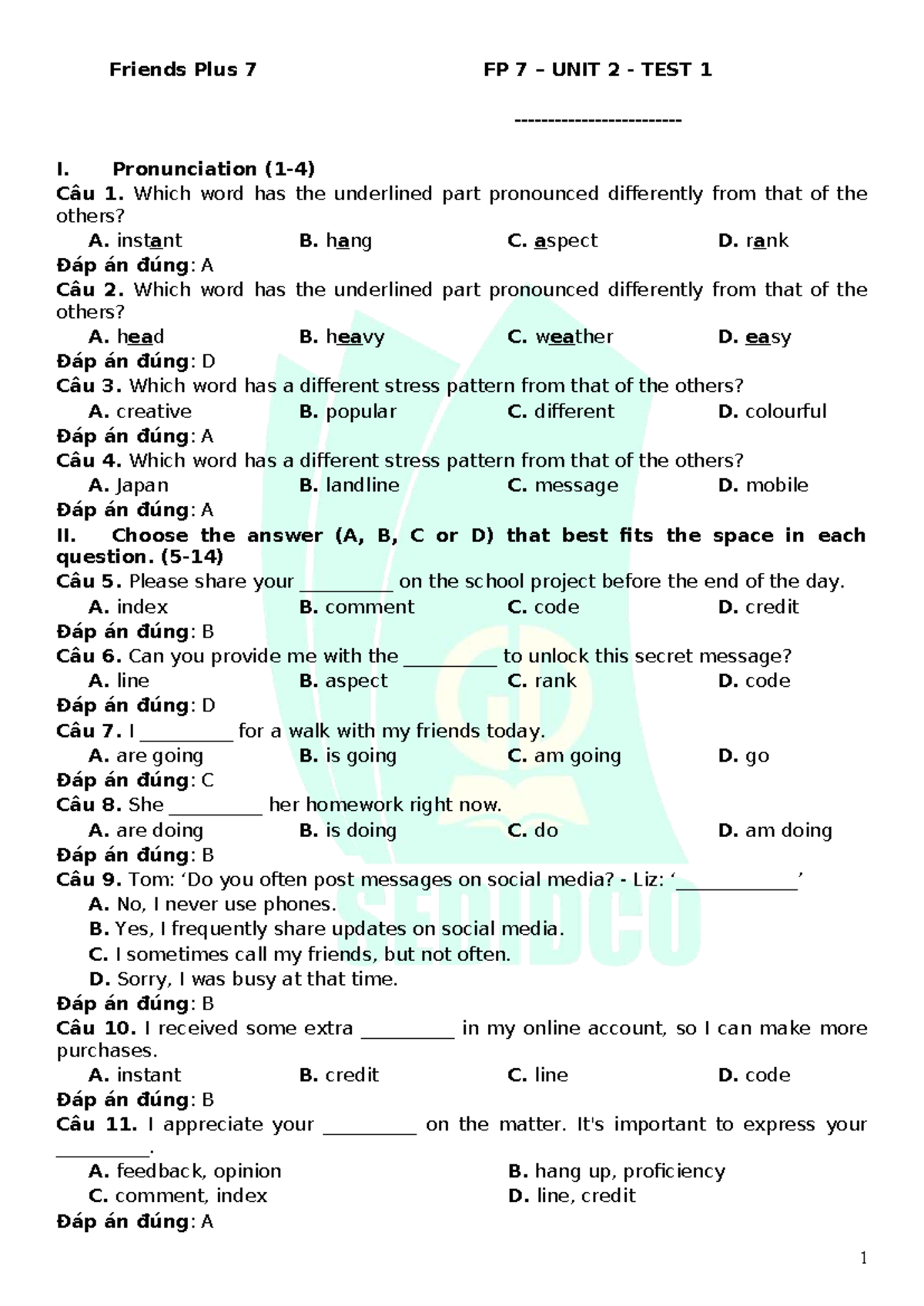 Friends Plus 7 FP 7 Unit 2 Midterm Test 1 Review (Key) - Studocu