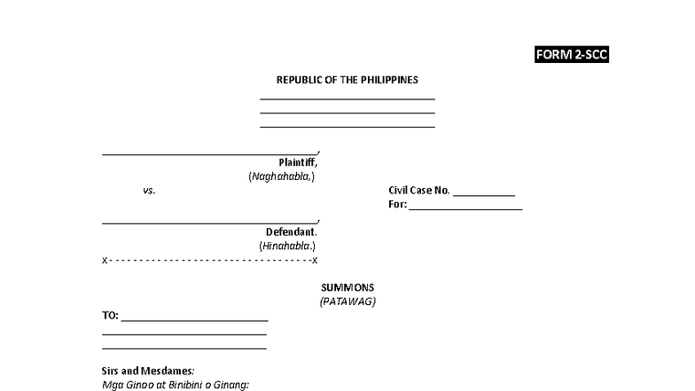 FORM 2-SCC: Sample Summons for Small Claims Cases - Studocu