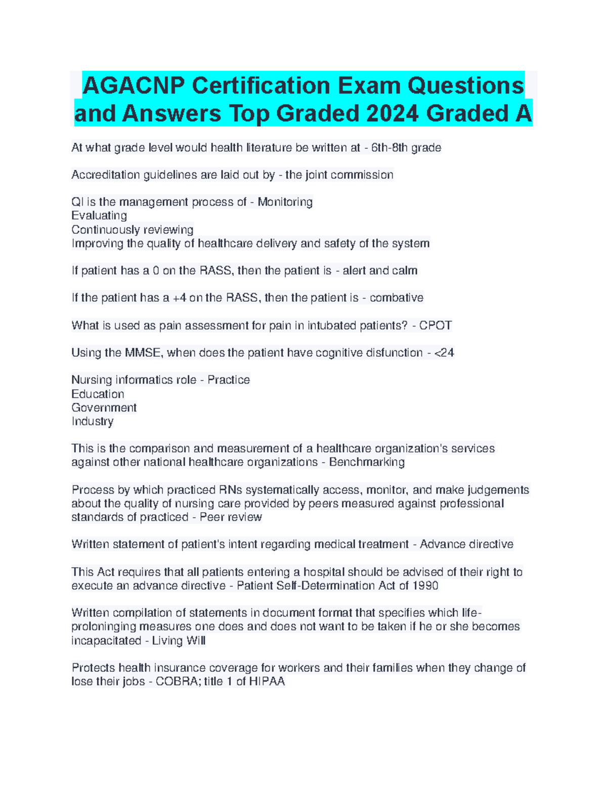AGACNP Certification Exam Q&A Study Guide 2024 - Graded A - Studocu