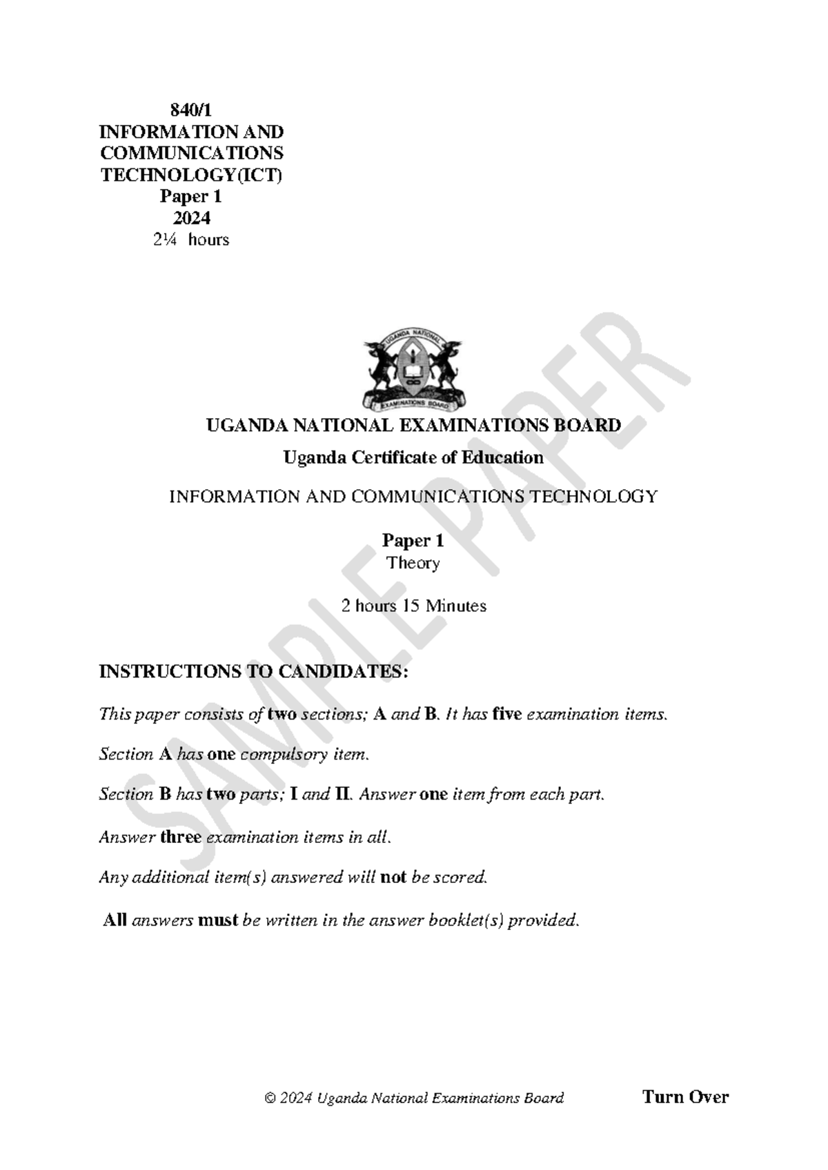 2024 ICT Paper 1 & 2 Sample Exam with Scoring Guide - UNEB - Studocu