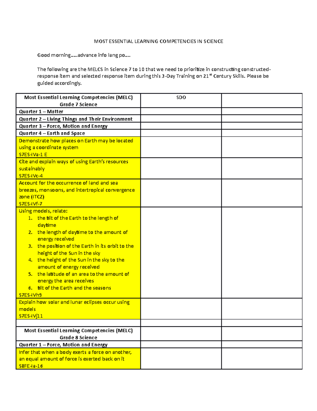 Science Most Essential Learning Competencies MELC 2c0 - MOST ESSENTIAL ...