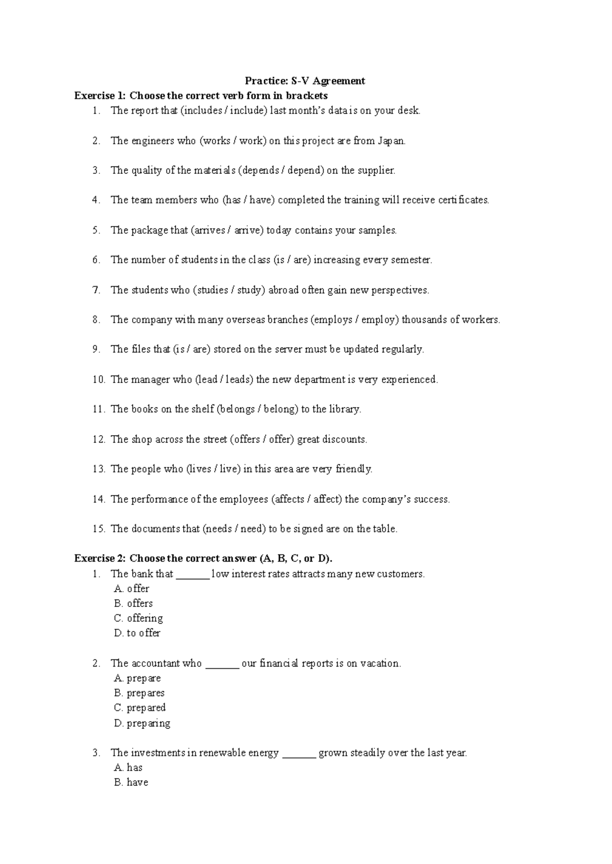 Practice: S-V Agreement Exercises for Verb Form Selection - Studocu