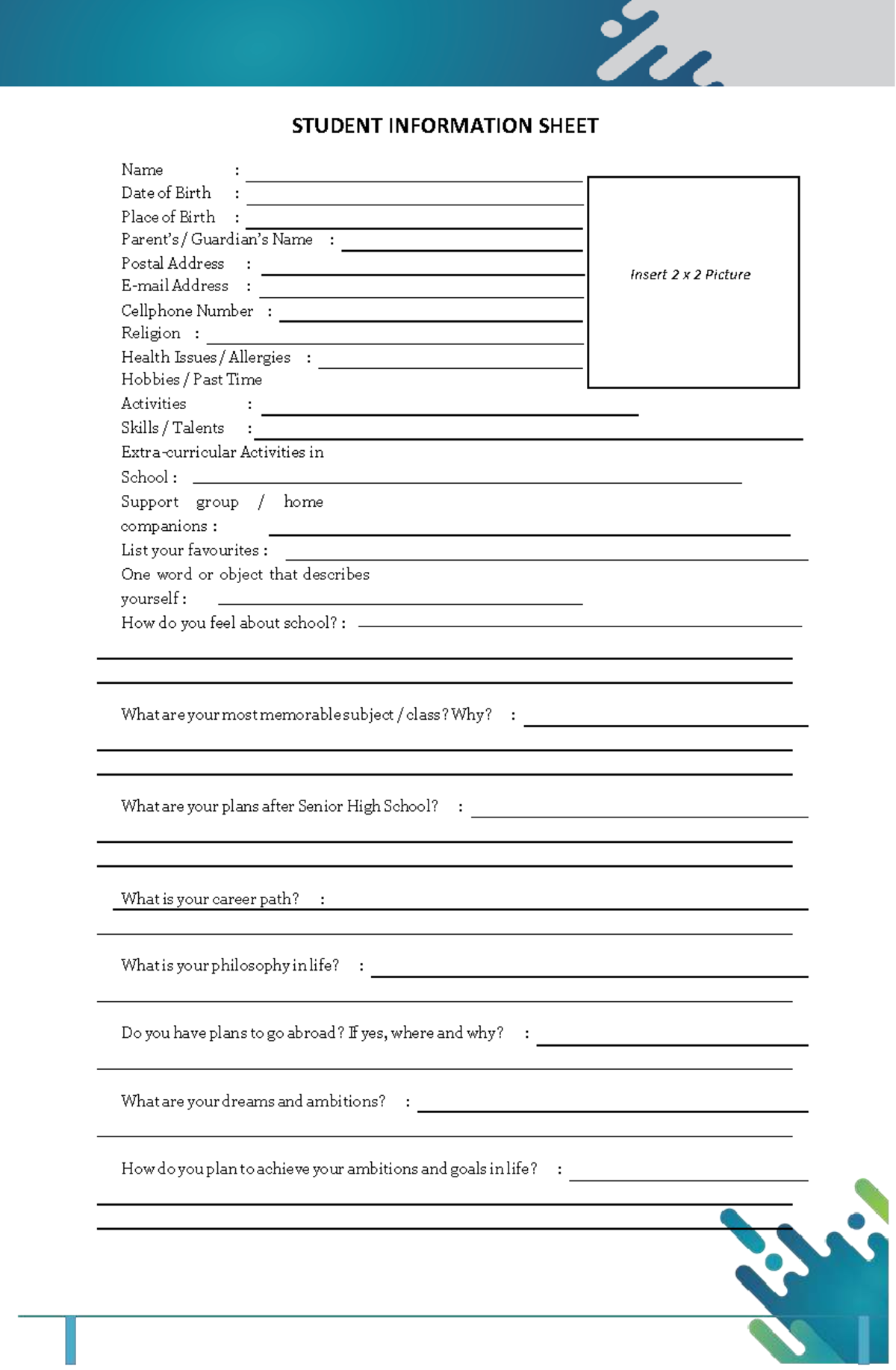 Activity 1: Student Information Sheet for Personal Development - Studocu