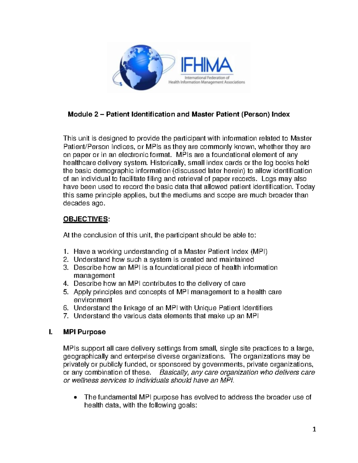 Learning Module Number 2 Patient Identification and Master Patient ...